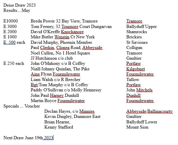 May 2023 Deise Draw Winners – Waterford GAA